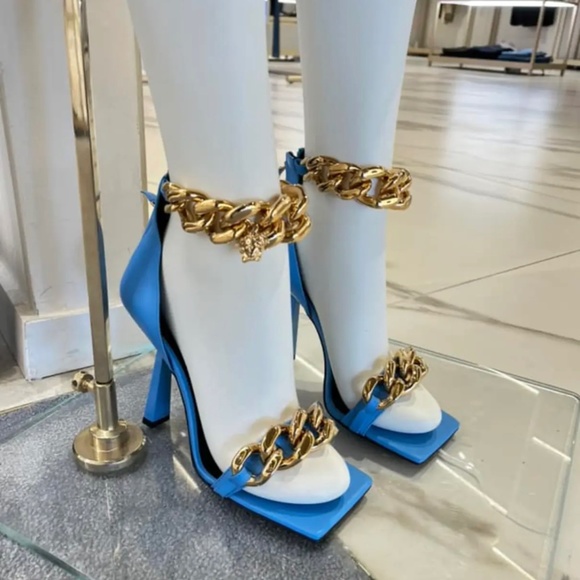 Versace | Shoes | 38 New 45 Versace Blue Leather Medusa Charm High Heel ...